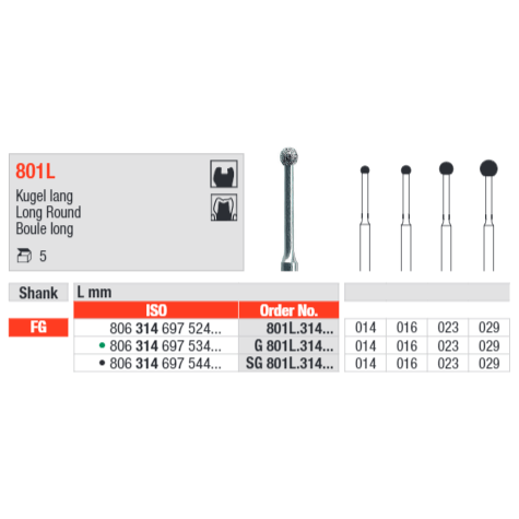 Edenta Long Round Ball 801L Bur Pack of 5 – L&L Dental Products